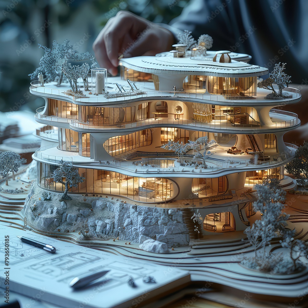 Over the shoulder view of an artist intensely studying a complex ...