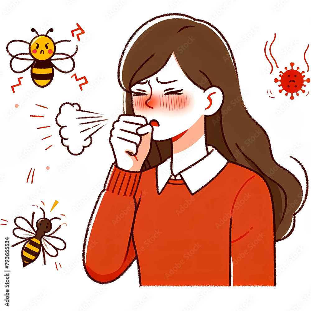 Vector crayon illustration of a woman sneezing having anaphylaxis due ...