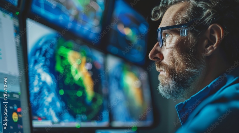 Meteorologist on a weather station, alert, monitoring weather patterns ...