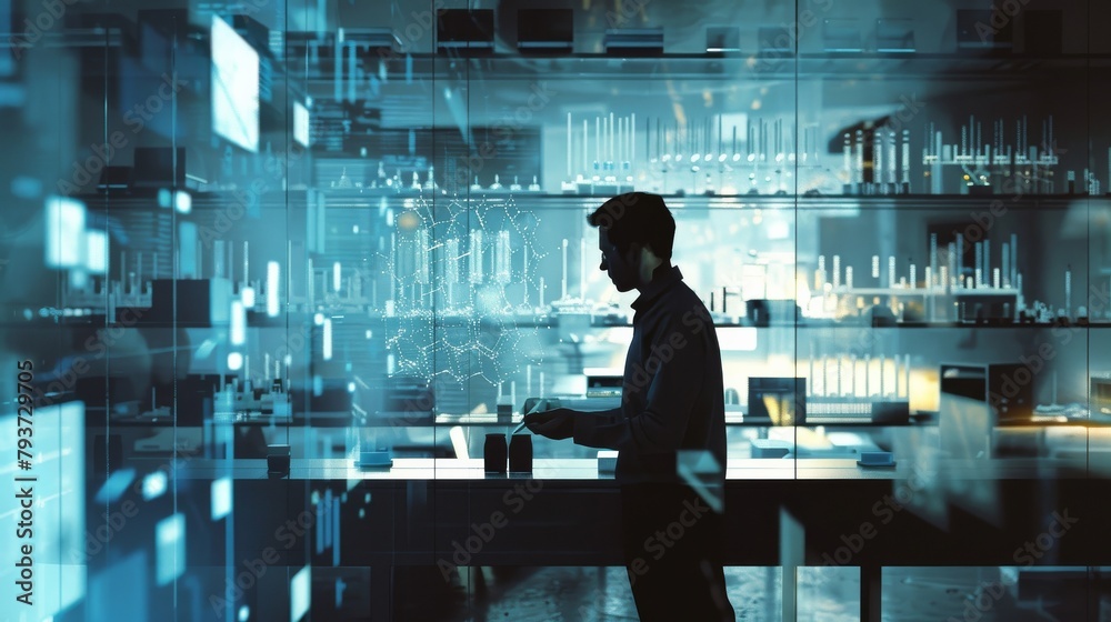 Quantum physicist in a research lab, introspective, looking at quantum ...