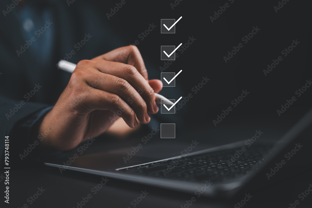 Checklist concept. Businessman tick correct mark to corporate survey checklist. Complete ...