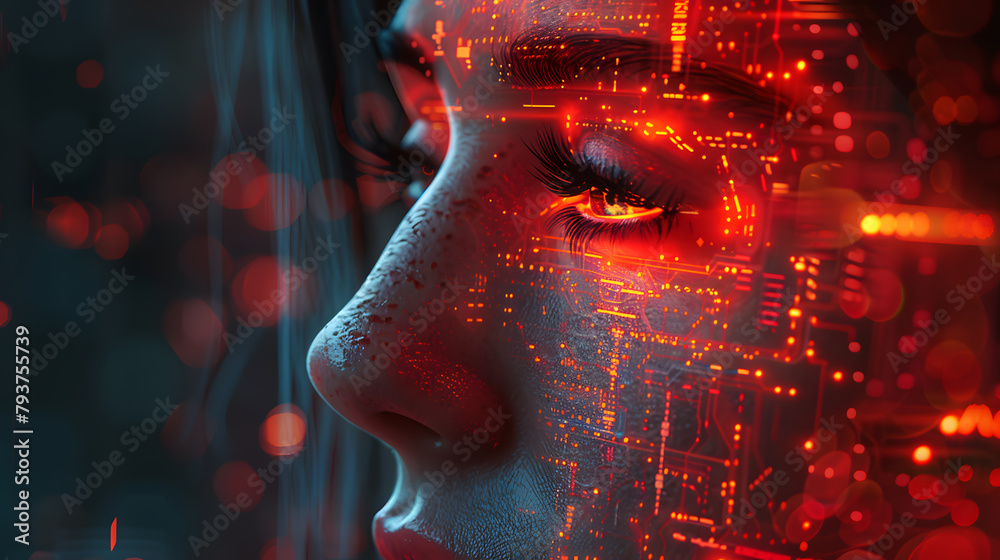 Portrait of a Woman with a Beautiful Face. Close-up Digital Interface ...