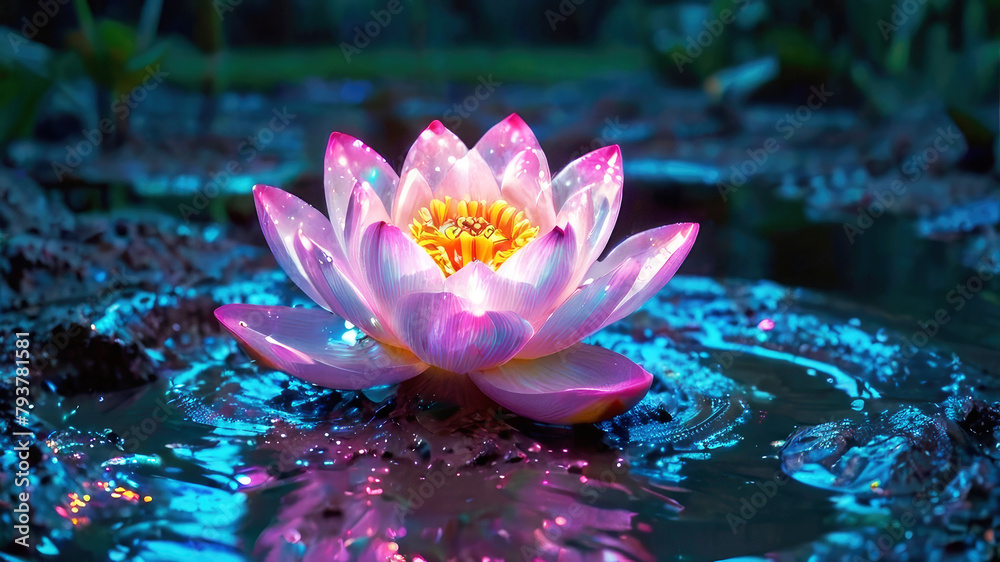 lotus flower in neon light tones emerging from water depths of pond ...