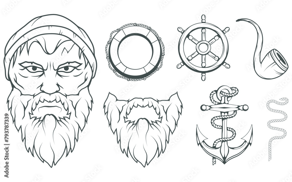 Hand Drawn sailor. Cartoon bearded man character. Sailor character head ...