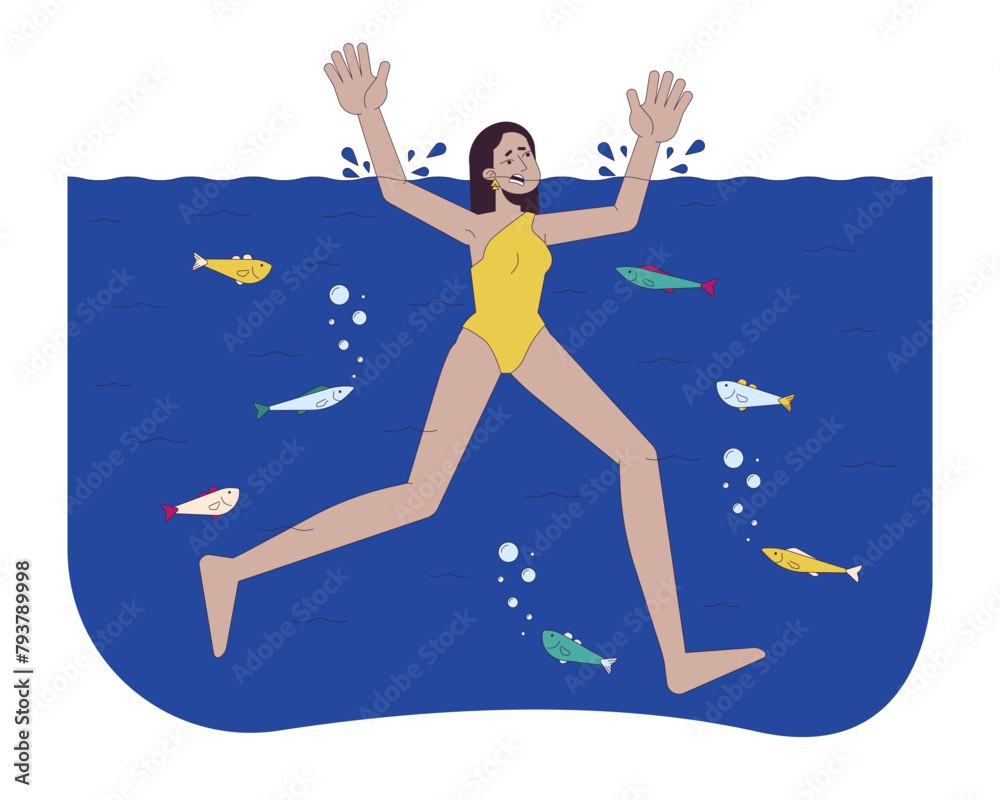 Arab woman drowning in river line cartoon flat illustration. Young ...