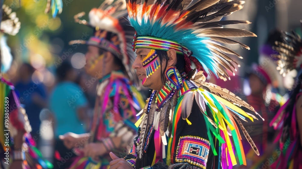 Indigenous people in colorful costumes perform a ceremonial dance ...