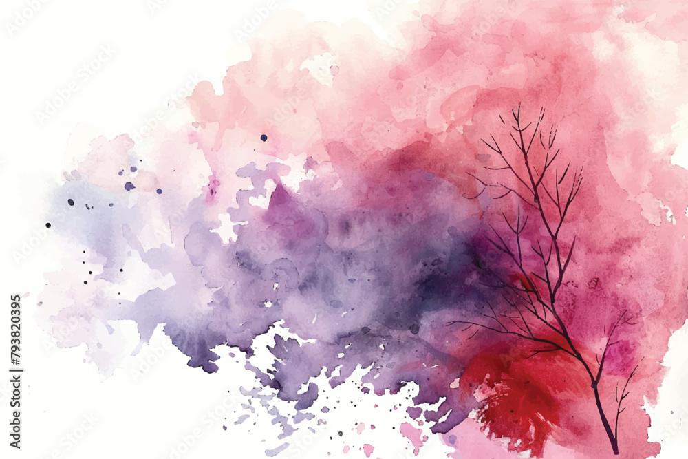 watercolor painting, soft pastel pink and purple color splash, tree ...