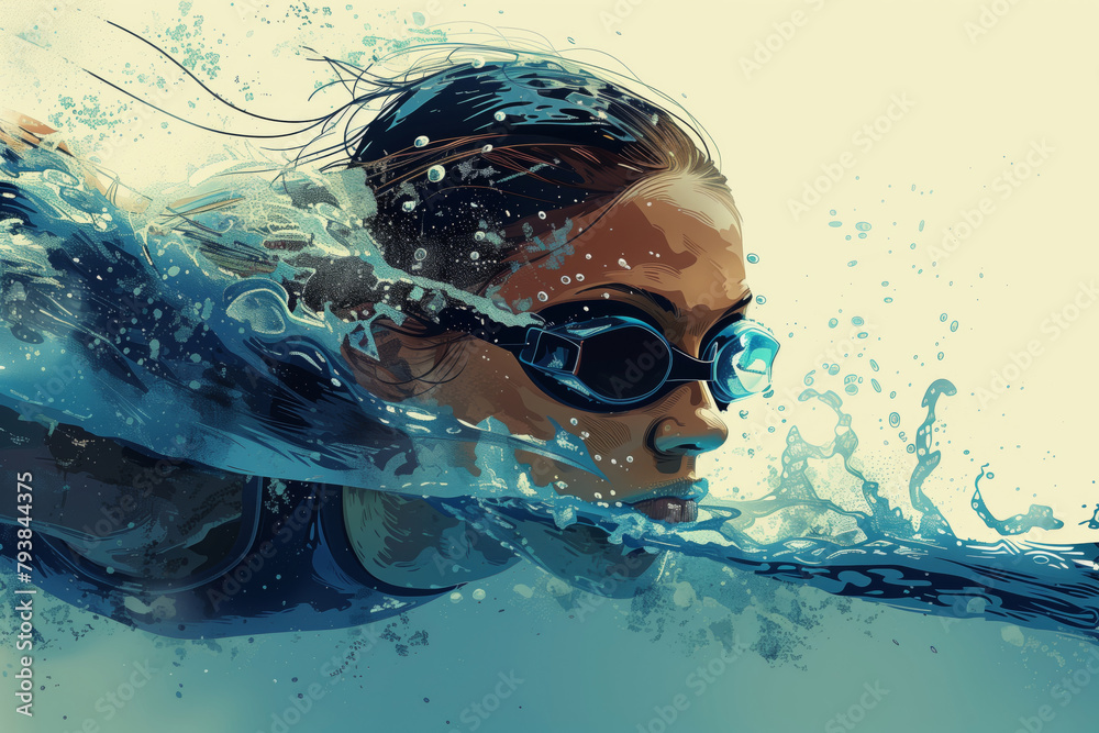 Swimming sport illustration. Female swimmer and splash water, banner ...