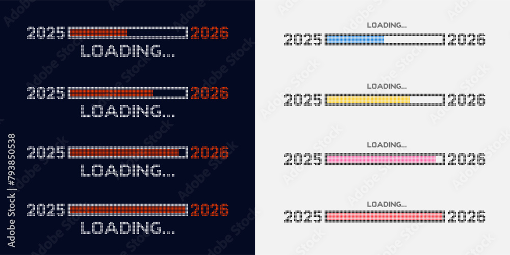 Set of pixelated progress bar year 2025 to 2026 loading. Pixel art 8-bit loading bar concept ...