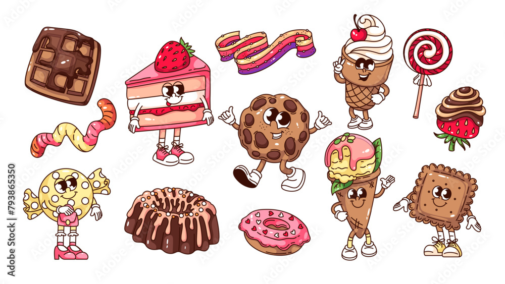 Groovy sweets cartoon characters and stickers set. Funny retro happy ...