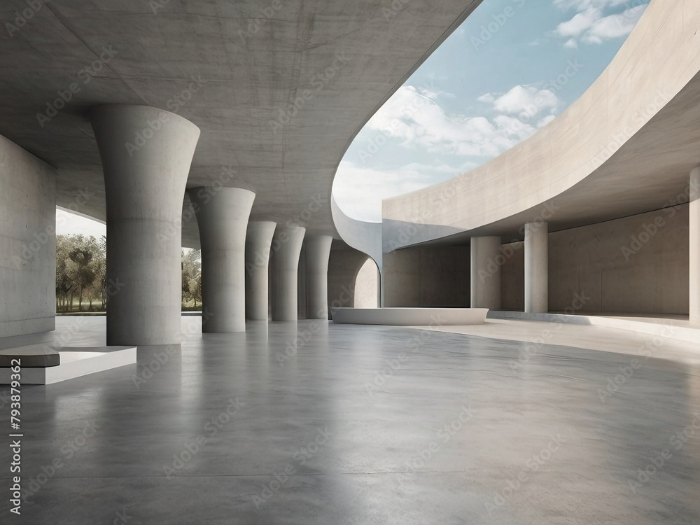 An empty, modern building with minimalist concrete design, featuring an ...