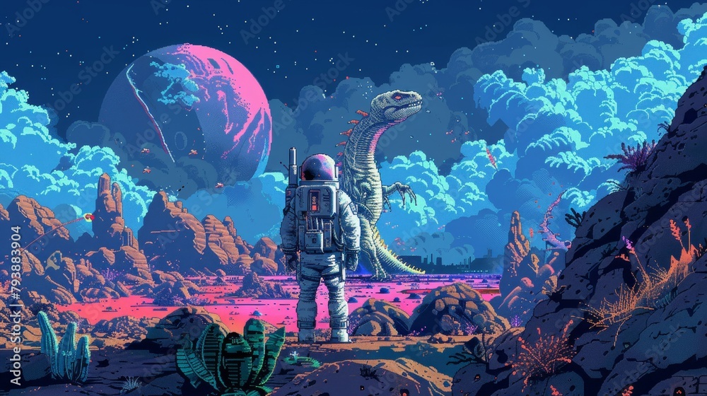 An 8-bit pixel art scene depicting a pixelated astronaut exploring an ...