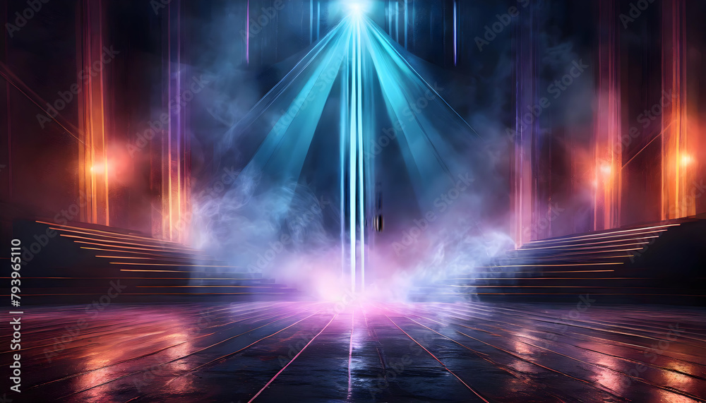 Rays of purple ring dust particles fly mockup space in the dark, neon ...