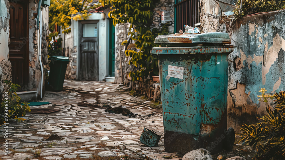 A vintage trash bin in an old village setting, creating a contrast ...