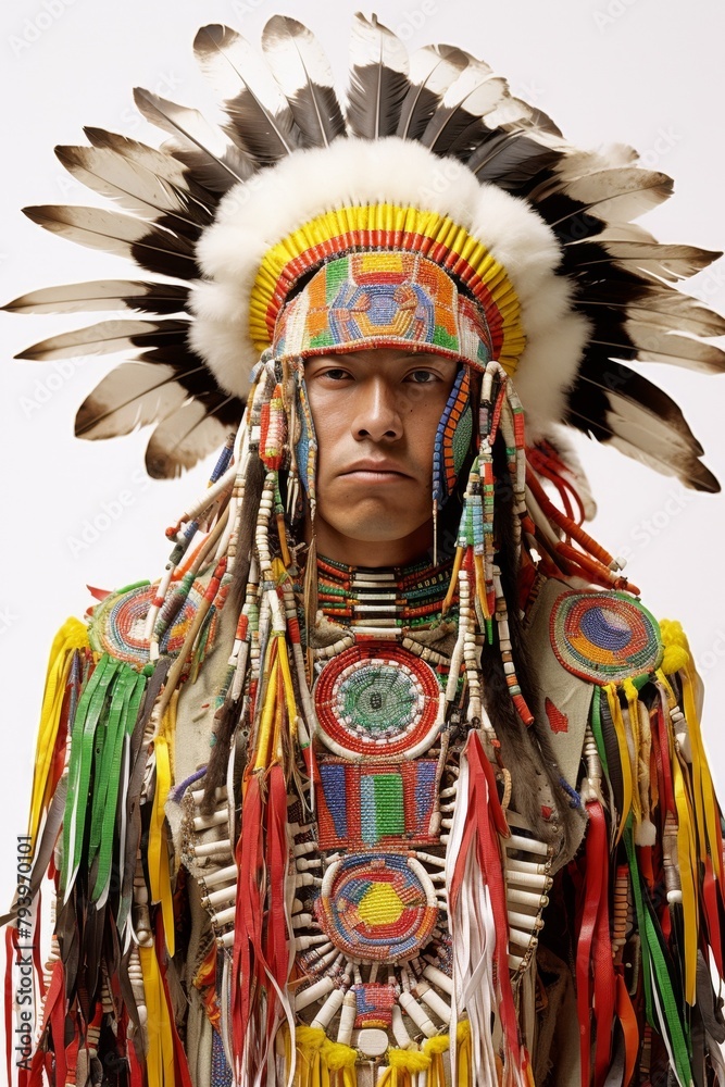 Indigenous man in traditional regalia with feather headdress, cultural ...