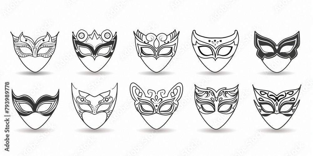 Mask superhero carnival or scammer villain vector line art icon set ...