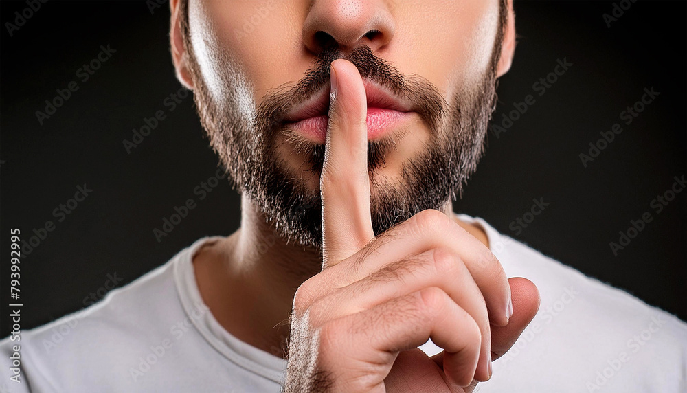 Extreme close-up and front view of a man, doing expression with finger ...