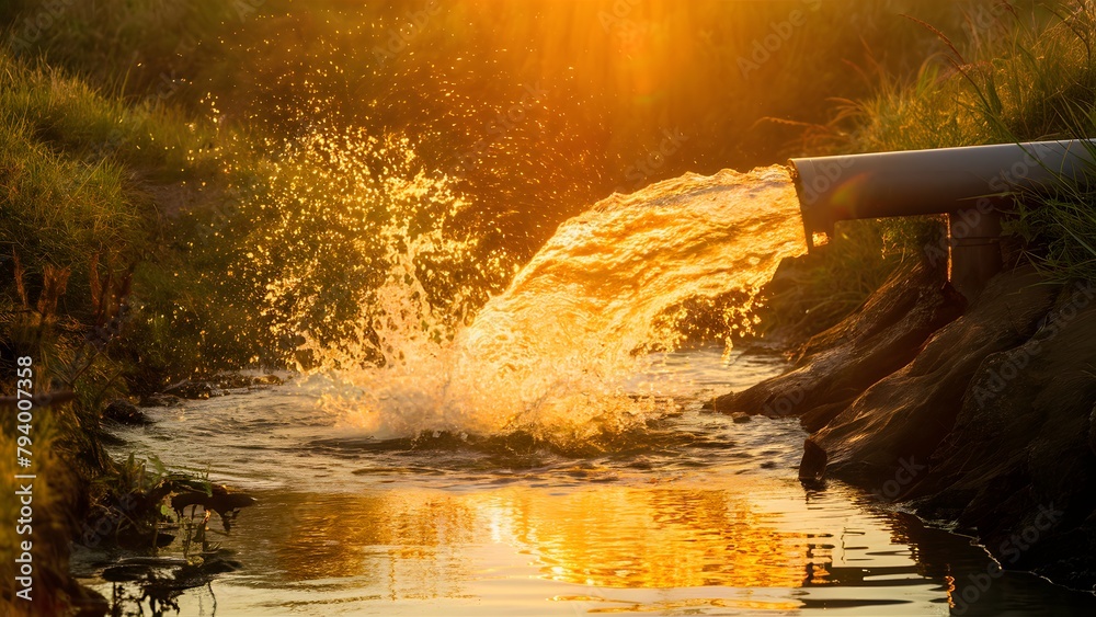 A large pipe or culvert gracefully releases water into a small stream ...