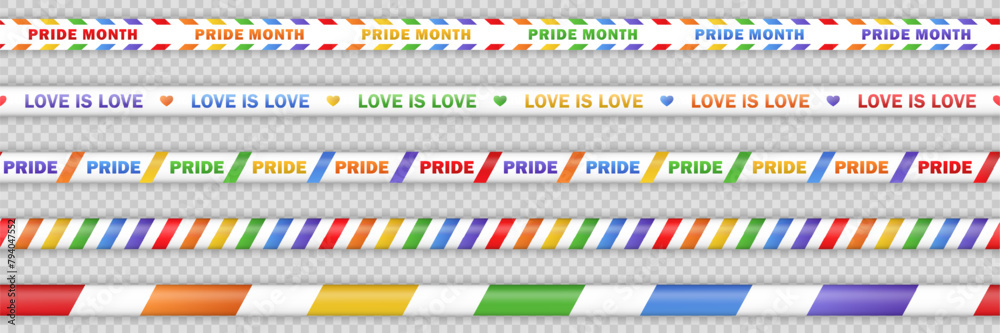 Set of white barricade tapes with rainbow LGBT flag diagonal stripes ...