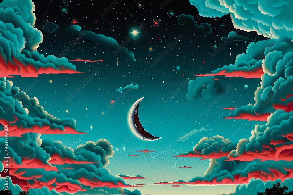 Beautiful landscape featuring a half-moon in the sky. Beautiful simple ...