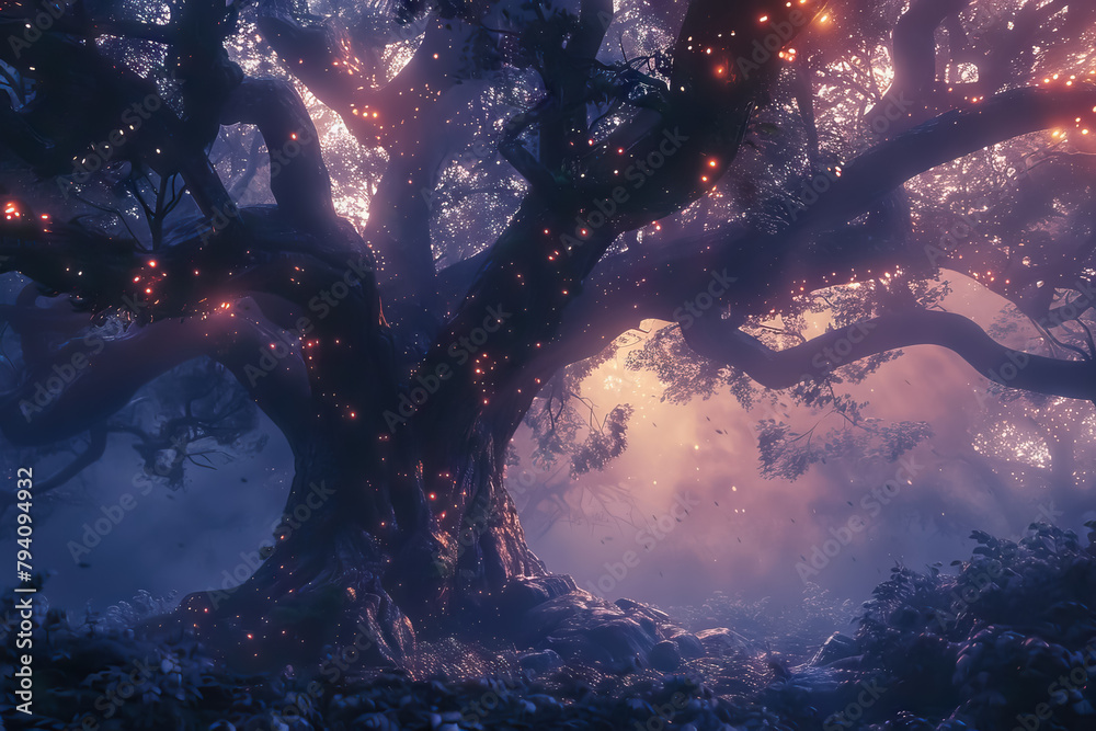 Fantasy landscape, Ancient tree with glowing leaves, Mystical forest at ...