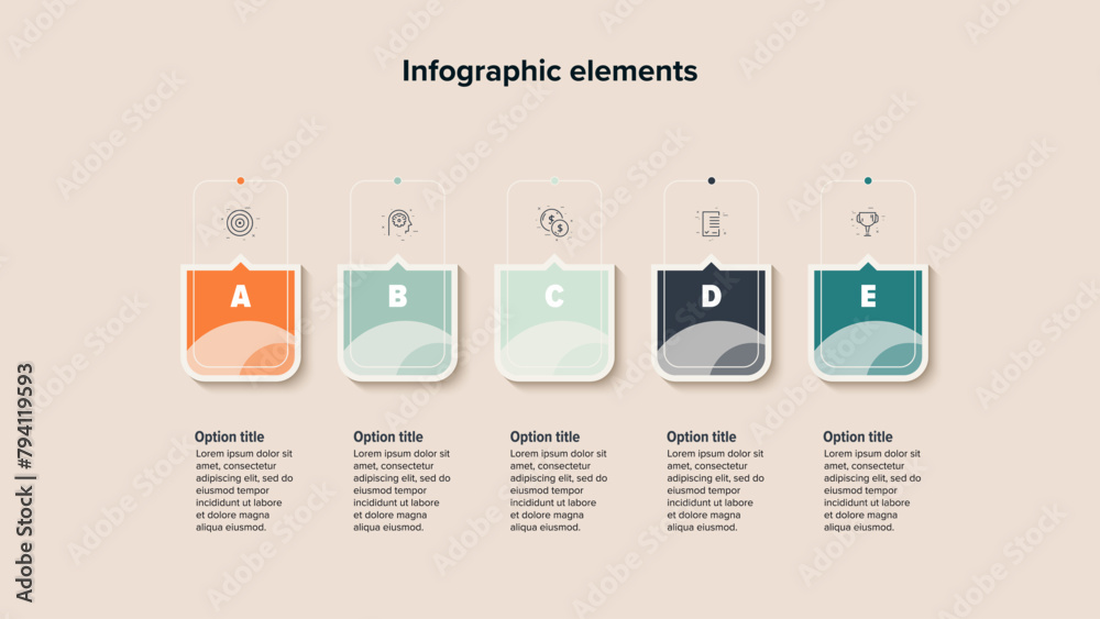 Business process chart infographics with 5 step squares. Rectangular workflow graphic elements ...