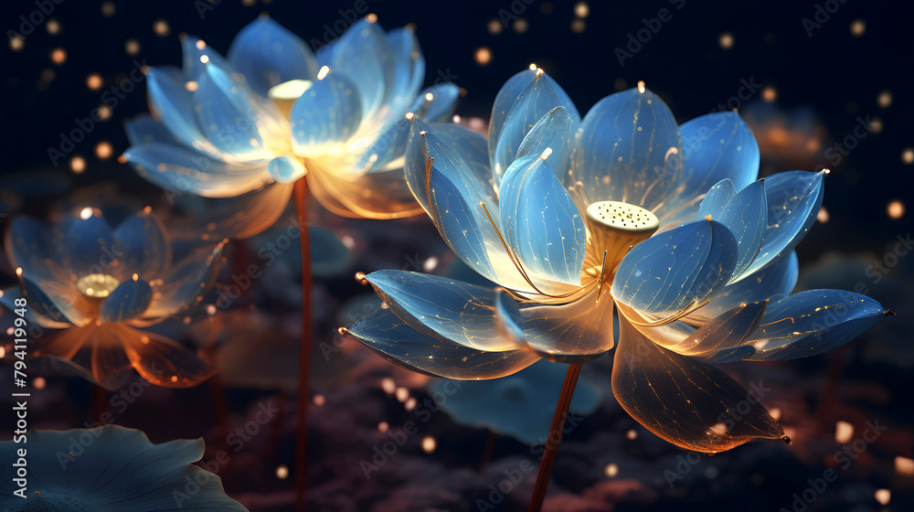 Digital technology golden lotus flowers with sparkling petals abstract ...