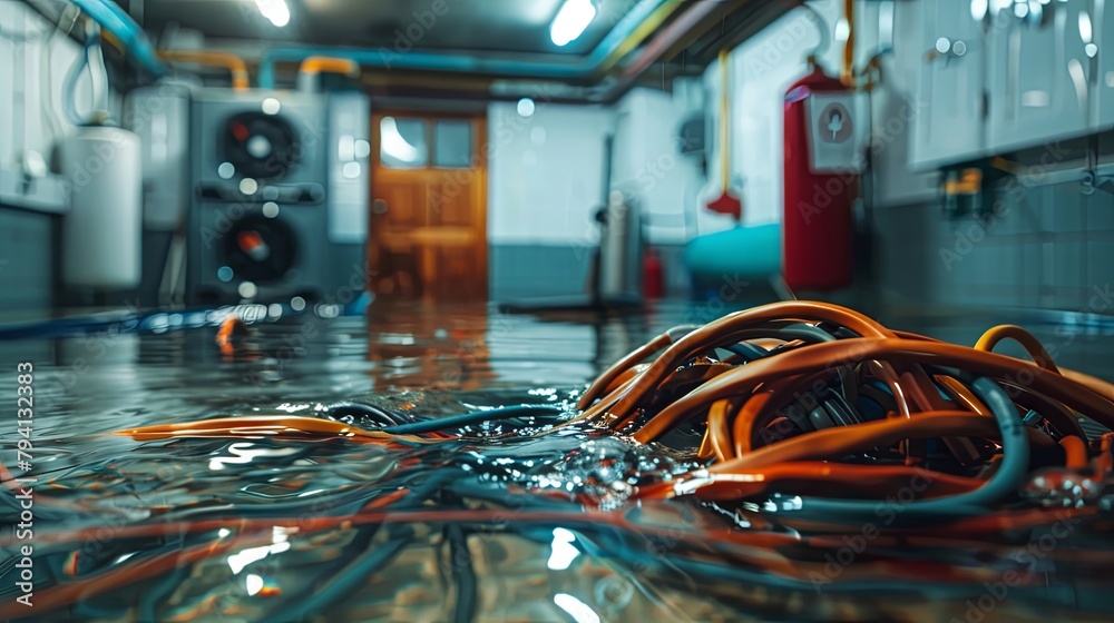 Flooded laundry room with floating orange cable Stock Photo | Adobe Stock