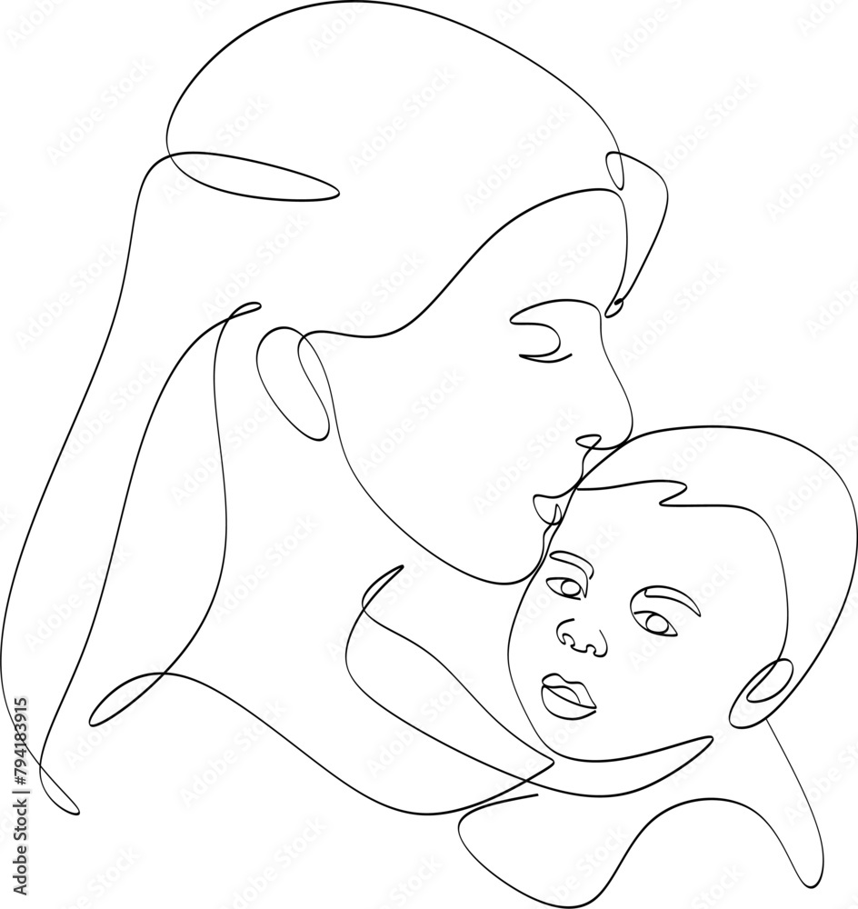 Abstract mother with a child in continuous one line drawing art style ...
