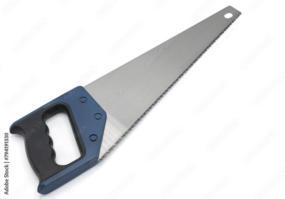 Detail of a saw for cutting wood on a white background. This model has ...