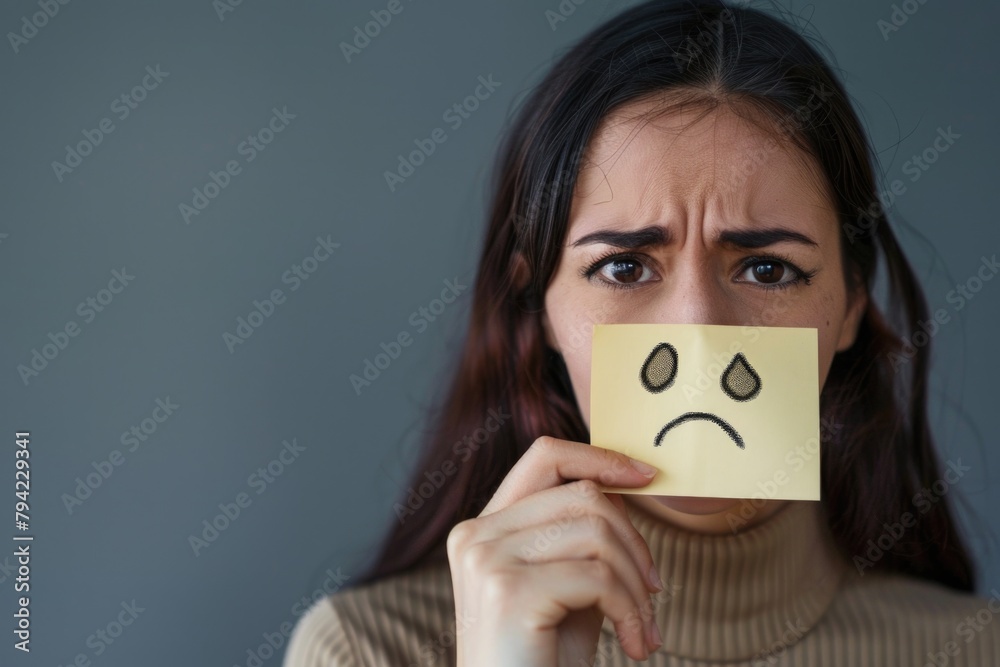 Woman holding a piece of paper with a sad face drawn on it, suitable ...