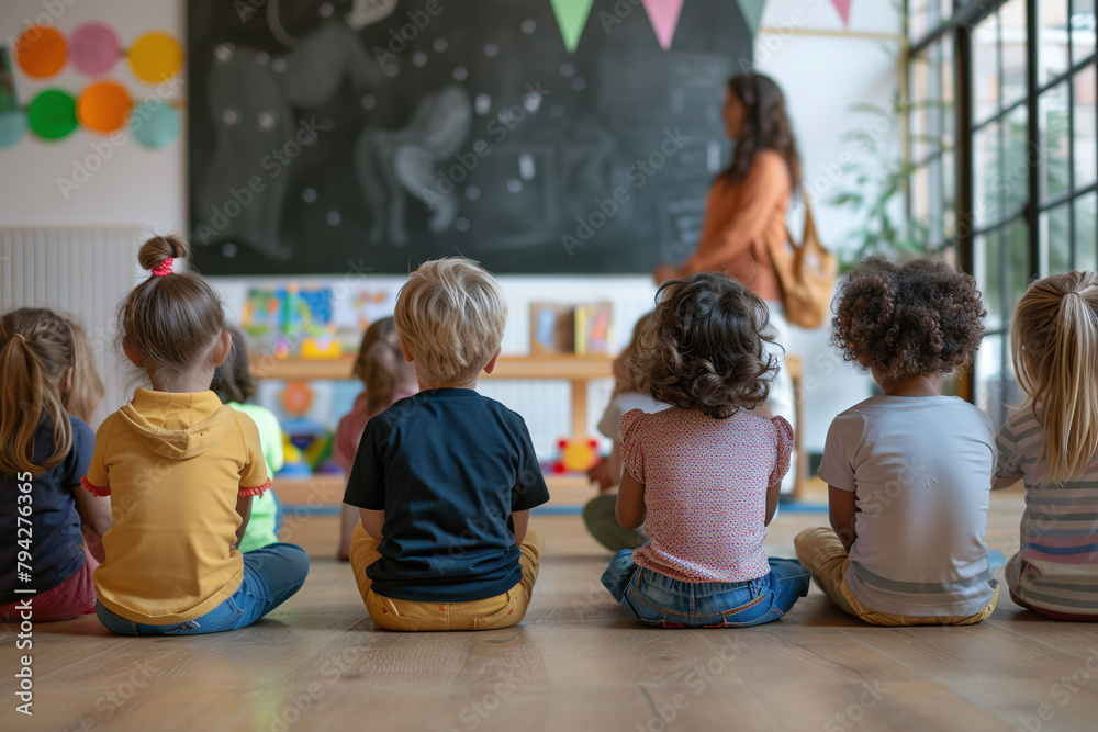 kids in elementary daycare sitting on floor, listening to teacher ...