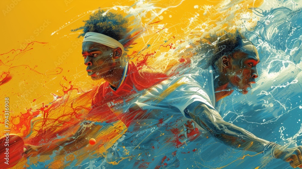 Bright and dynamic 2D illustration for a ping-pong poster, depicting ...