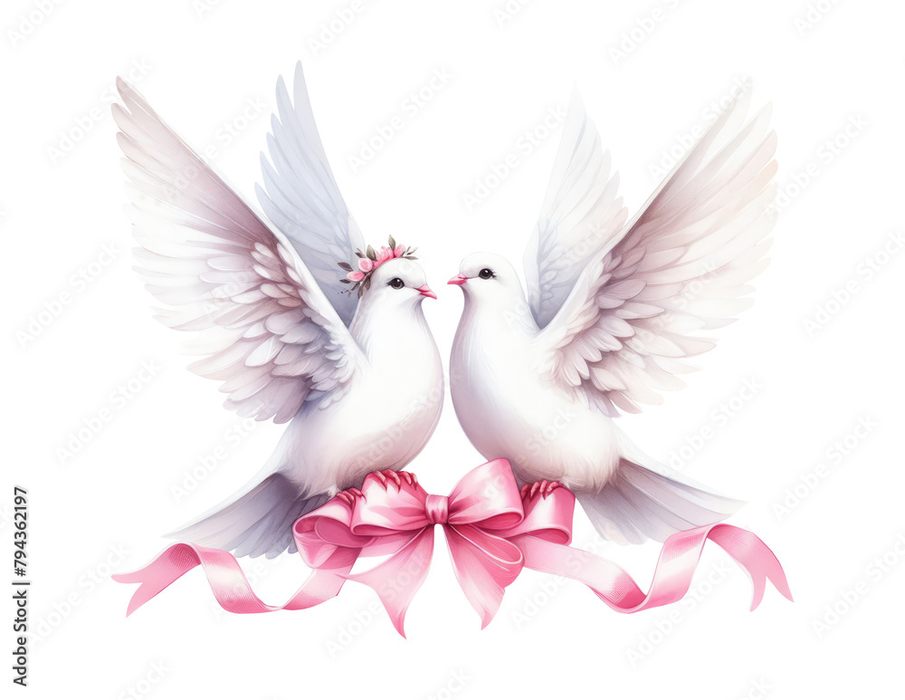 Two white doves in love, Wedding invitation, pair of doves with a pink ...