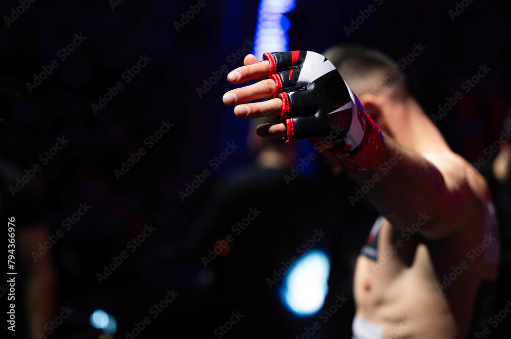 MMA glove on the fighter's hand during the referee's inspection before ...