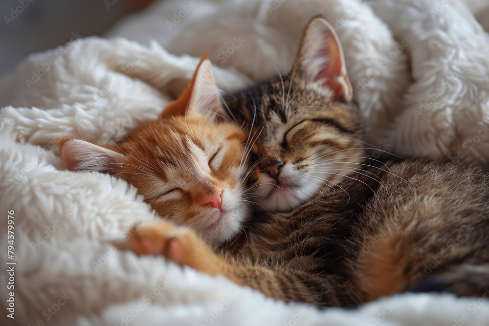 Lovely cat couple sleep together hug on white fluffy bed. Valentine's ...