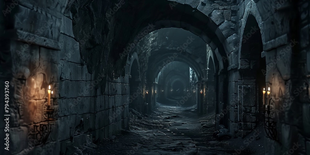 Dark dungeon illustration backgrounds, scary endless medieval catacombs ...