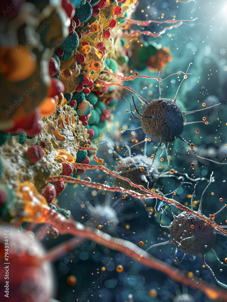 A high-resolution 3D rendering depicting various immune cells attacking ...
