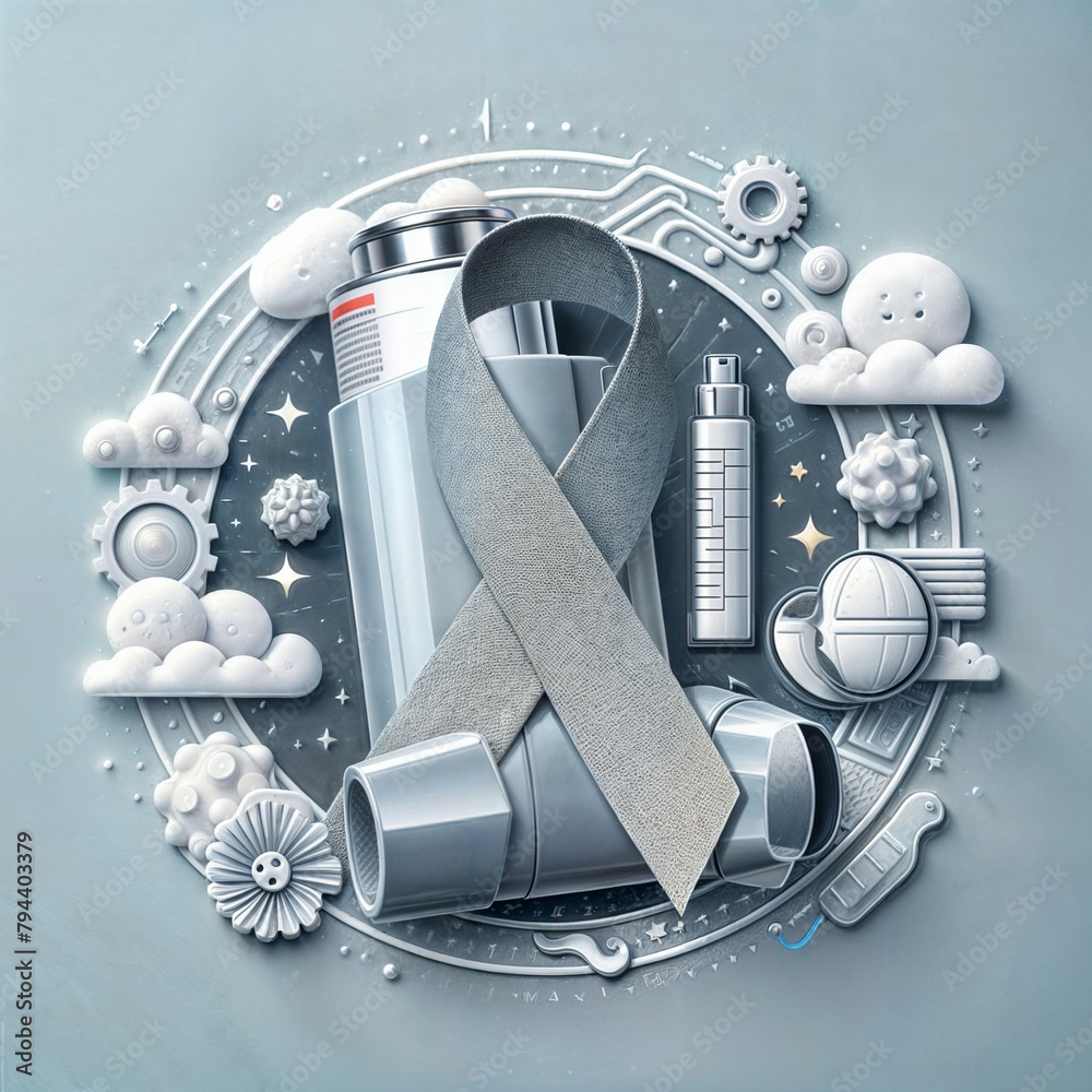 World Asthma Day concept with a spray inhaler and a grey ribbon ...