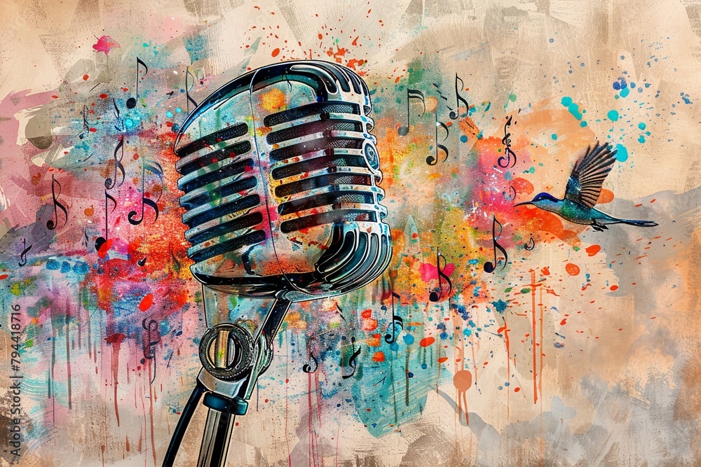 music and creativity featuring a vintage microphone with splashes of ...