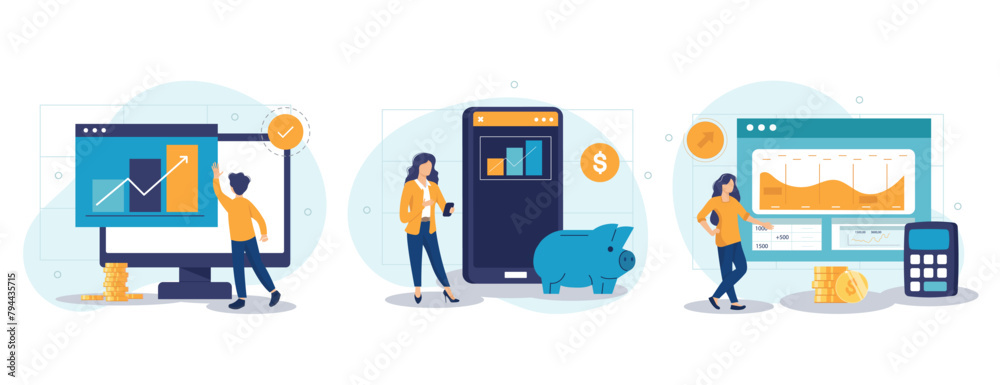 Characters investing money in stock market. People analyzing financial ...