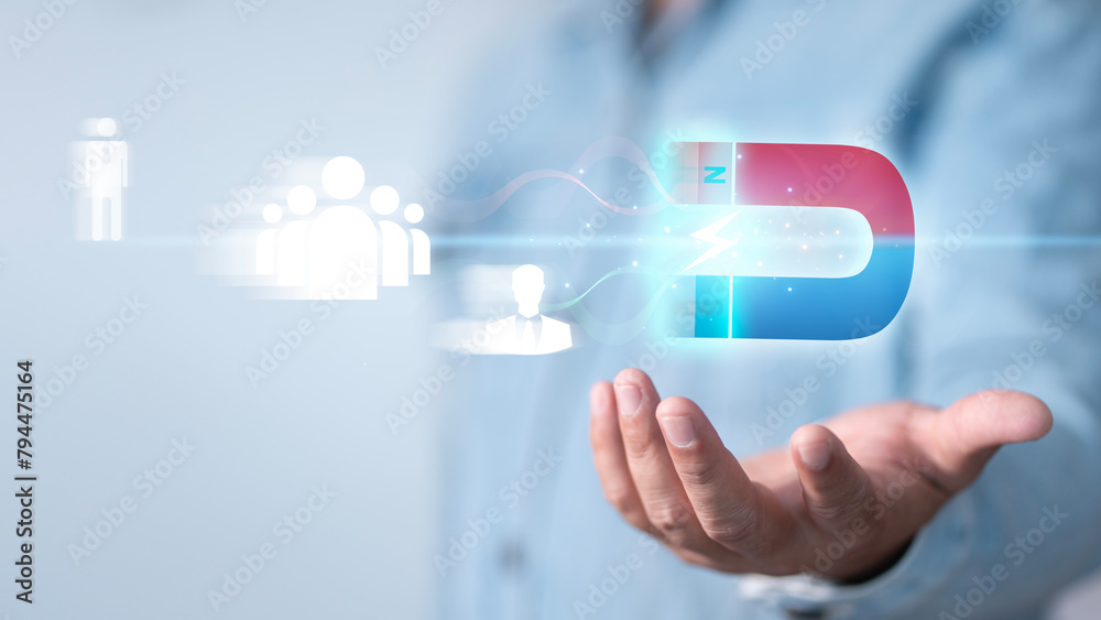 The manager holds a magnet for customers. Inbound marketing strategy ...