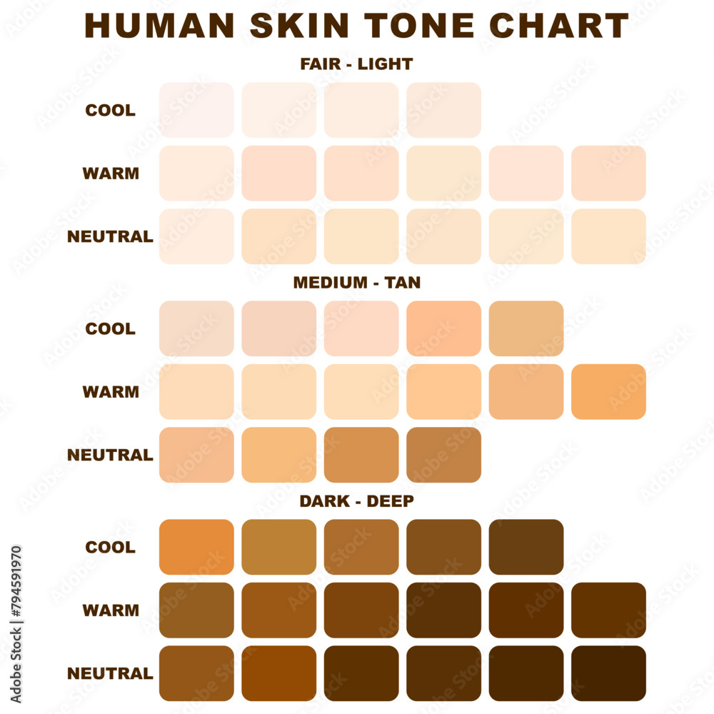 Collection Color palette chart, Skin tones. Flat illustration. Skin ...