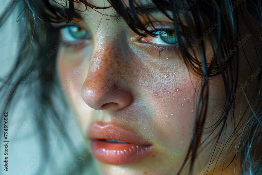 Sad girl in depression looks tired and apathetic, don't care herself ...