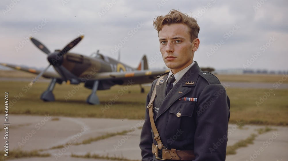 Fighter pilot stood in front of a spitfire resembling an RAF pilot from ...