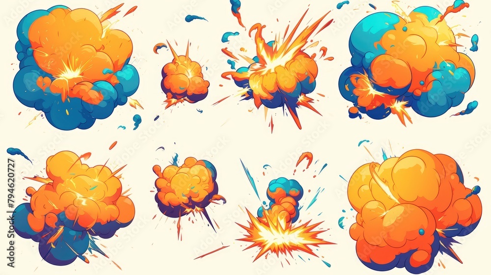 2d icons portraying cartoon doodle bomb explosions comic clouds smoke ...