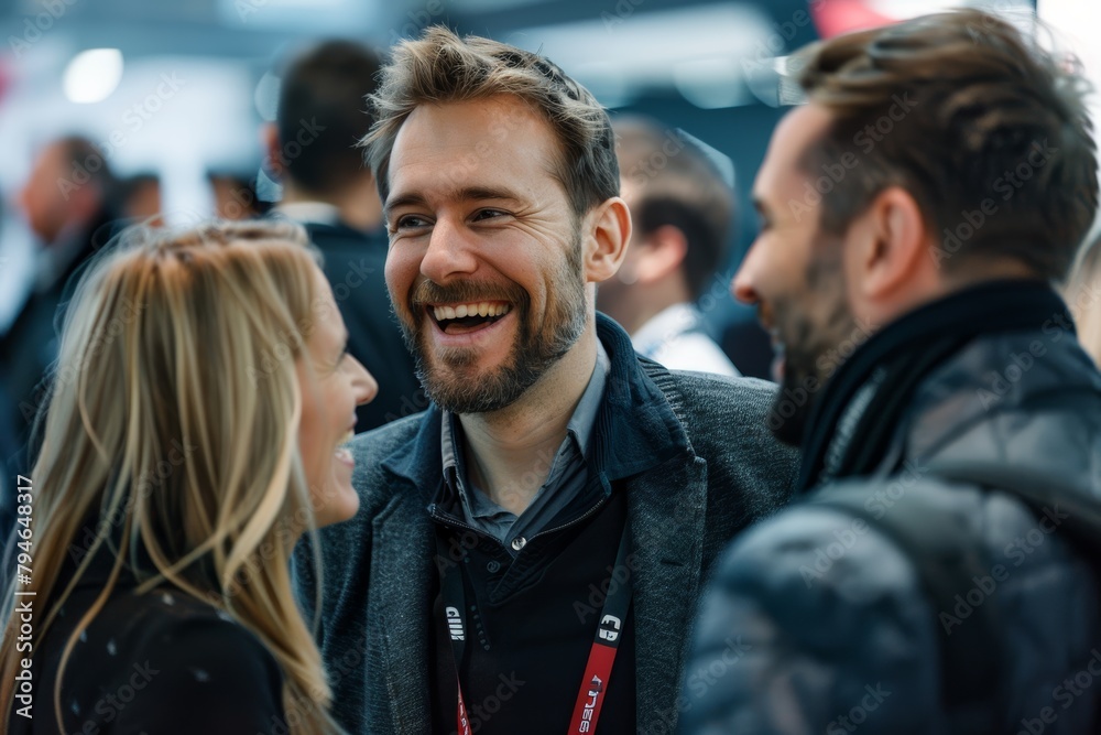 dynamic trade show moment, Professionals chat and laugh, with one man ...