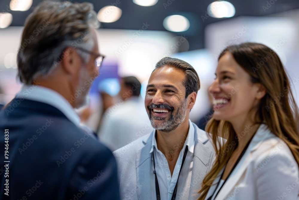dynamic trade show moment, Professionals chat and laugh, with one man ...