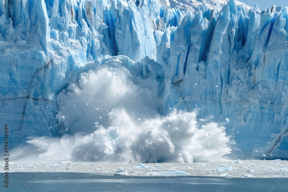 Massive glacier calving into the ocean with a dynamic display of ice ...