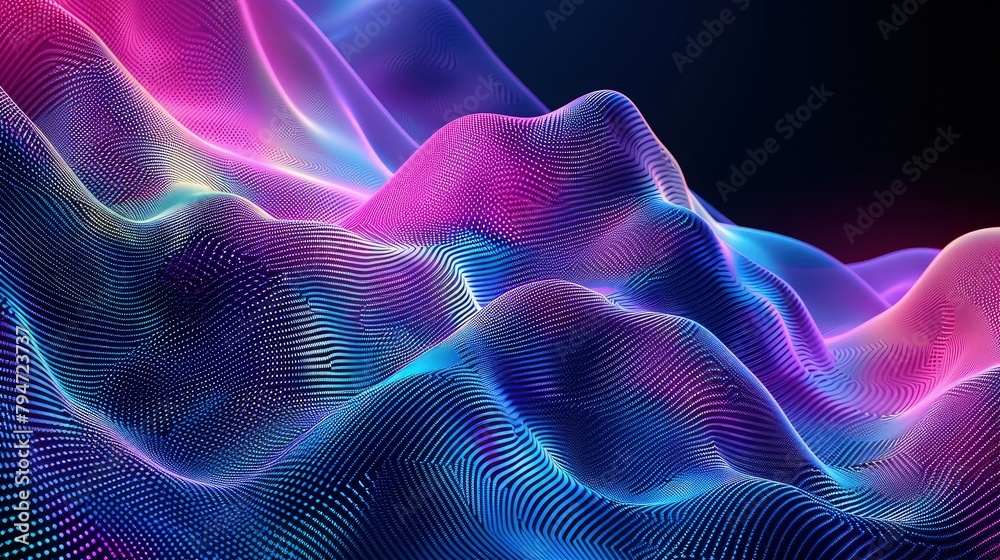 A digital artwork featuring colorful waves of varying opacity and ...